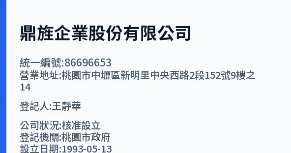 鼎旌企業股份有限公司的照片-統編 86696653(桃園市) 公司登記資料與營業項目詳細圖表