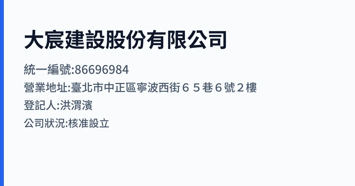 大宸建設股份有限公司 - 統編 86696984(臺北市) 公司登記資料與營業項目詳細圖表