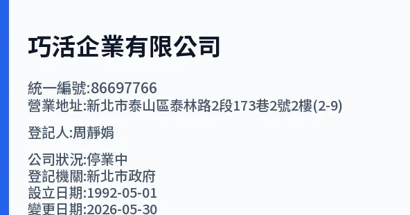 巧活企業有限公司的照片-統編 86697766(新北市) 公司登記資料與營業項目詳細圖表