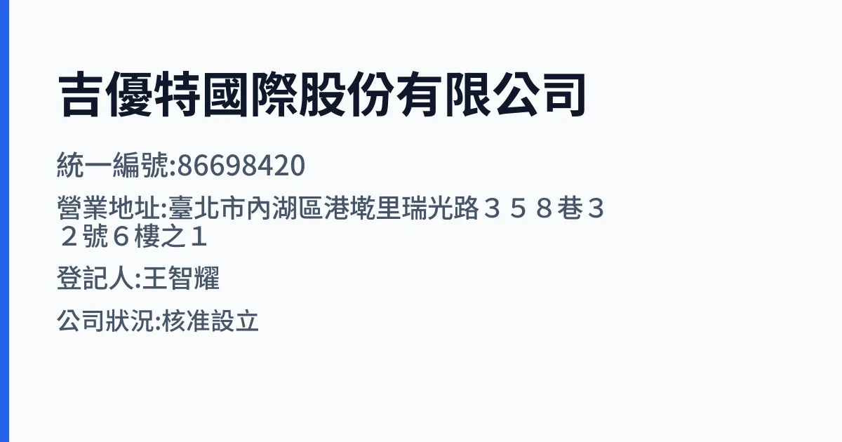吉優特國際股份有限公司 - 統編 86698420(臺北市) 公司登記資料與營業項目詳細圖表