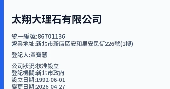 太翔大理石有限公司的照片-統編 86701136(新北市) 公司登記資料與營業項目詳細圖表