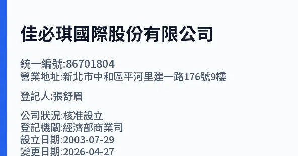 佳必琪國際股份有限公司的照片-統編 86701804(新北市) 公司登記資料與營業項目詳細圖表