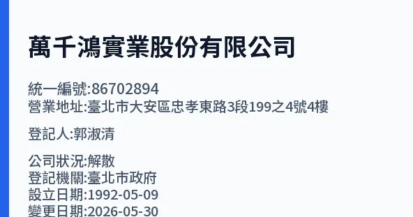 萬千鴻實業股份有限公司的照片-統編 86702894(臺北市) 公司登記資料與營業項目詳細圖表