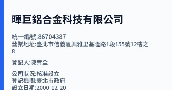 暉巨鋁合金科技有限公司的照片-統編 86704387(臺北市) 公司登記資料與營業項目詳細圖表
