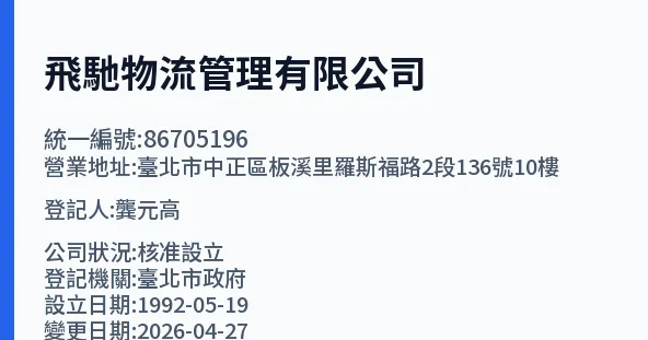 飛馳物流管理有限公司的照片-統編 86705196(臺北市) 公司登記資料與營業項目詳細圖表