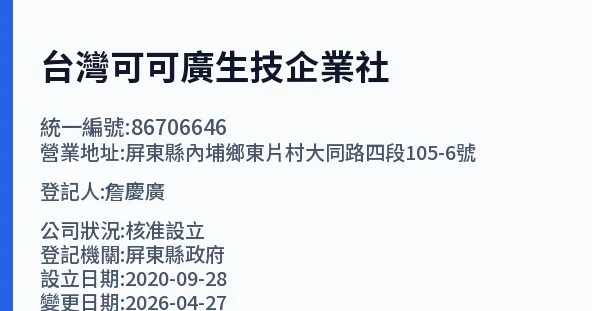 台灣可可廣生技企業社的照片-統編 86706646(屏東縣) 公司登記資料與營業項目詳細圖表