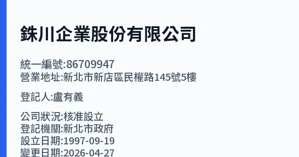 銖川企業股份有限公司的照片-統編 86709947(新北市) 公司登記資料與營業項目詳細圖表