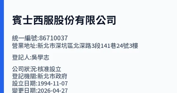 賓士西服股份有限公司的照片-統編 86710037(新北市) 公司登記資料與營業項目詳細圖表