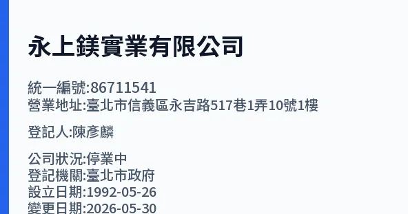 永上鎂實業有限公司的照片-統編 86711541(臺北市) 公司登記資料與營業項目詳細圖表