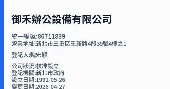 御禾辦公設備有限公司的照片-統編 86711839(新北市) 公司登記資料與營業項目詳細圖表