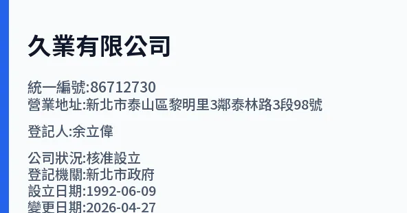 久業有限公司的照片-統編 86712730(新北市) 公司登記資料與營業項目詳細圖表
