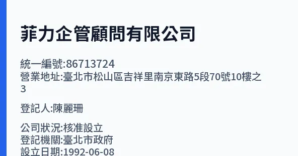 菲力企管顧問有限公司的照片-統編 86713724(臺北市) 公司登記資料與營業項目詳細圖表