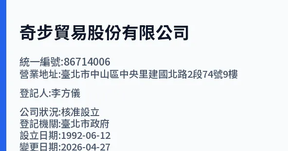 奇步貿易股份有限公司的照片-統編 86714006(臺北市) 公司登記資料與營業項目詳細圖表
