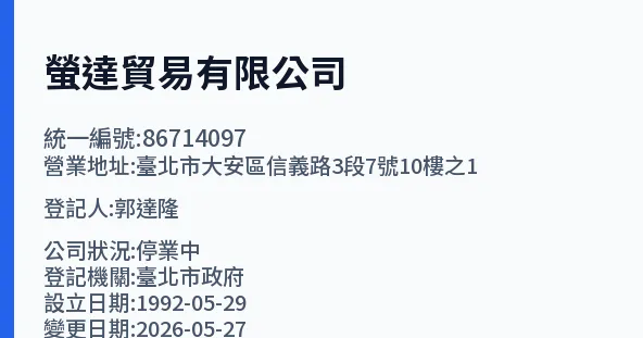 螢達貿易有限公司的照片-統編 86714097(臺北市) 公司登記資料與營業項目詳細圖表