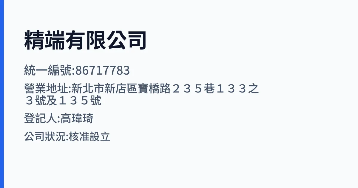 精端有限公司 - 統編 86717783(新北市) 公司登記資料與營業項目詳細圖表
