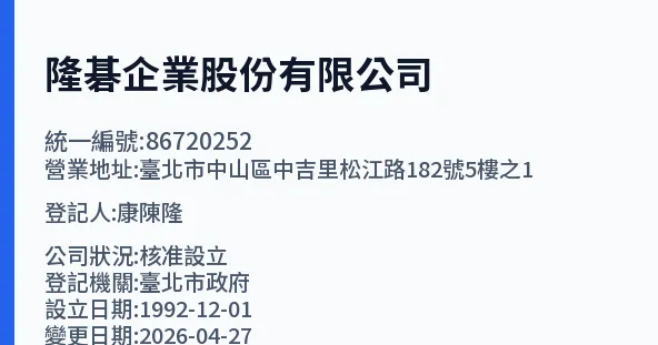 隆碁企業股份有限公司的照片-統編 86720252(臺北市) 公司登記資料與營業項目詳細圖表
