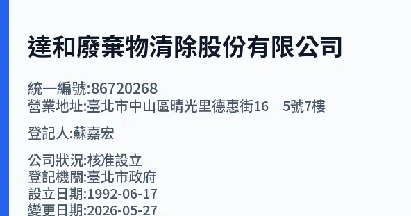 達和廢棄物清除股份有限公司的照片-統編 86720268(臺北市) 公司登記資料與營業項目詳細圖表