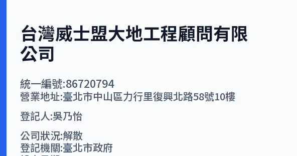 台灣威士盟大地工程顧問有限公司的照片-統編 86720794(臺北市) 公司登記資料與營業項目詳細圖表