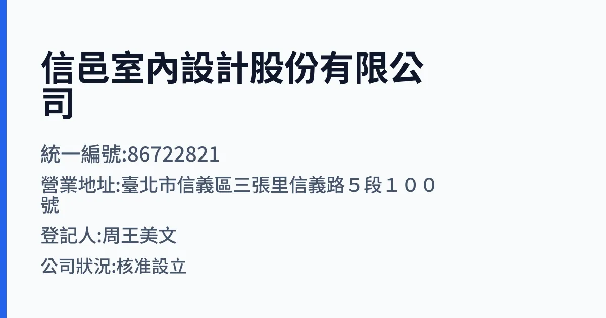 信邑室內設計股份有限公司 - 統編 86722821(臺北市) 公司登記資料與營業項目詳細圖表