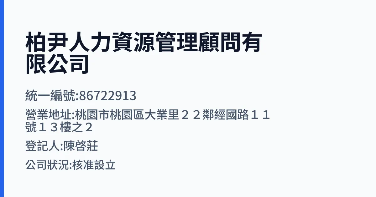柏尹人力資源管理顧問有限公司 - 統編 86722913(桃園市) 公司登記資料與營業項目詳細圖表