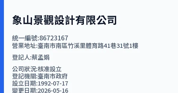 象山景觀設計有限公司的照片-統編 86723167(臺南市) 公司登記資料與營業項目詳細圖表