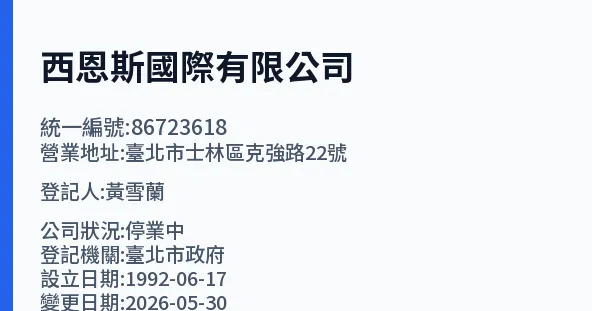 西恩斯國際有限公司的照片-統編 86723618(臺北市) 公司登記資料與營業項目詳細圖表