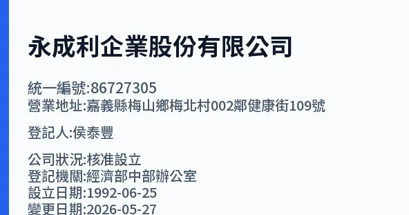 永成利企業股份有限公司的照片-統編 86727305(嘉義縣) 公司登記資料與營業項目詳細圖表