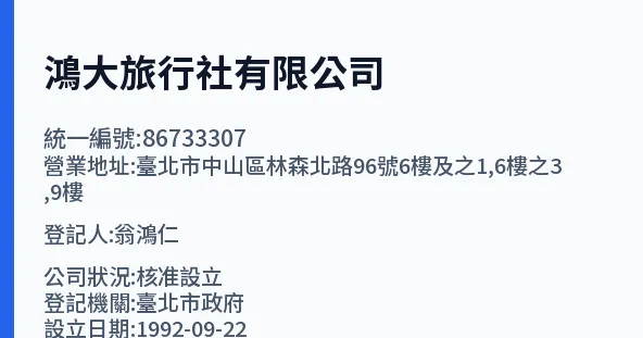 鴻大旅行社有限公司的照片-統編 86733307(臺北市) 公司登記資料與營業項目詳細圖表