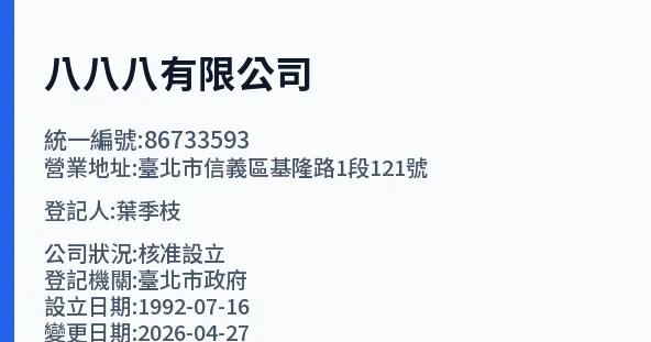 八八八有限公司的照片-統編 86733593(臺北市) 公司登記資料與營業項目詳細圖表
