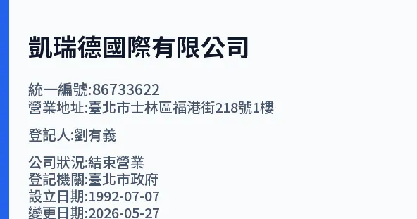 凱瑞德國際有限公司的照片-統編 86733622(臺北市) 公司登記資料與營業項目詳細圖表