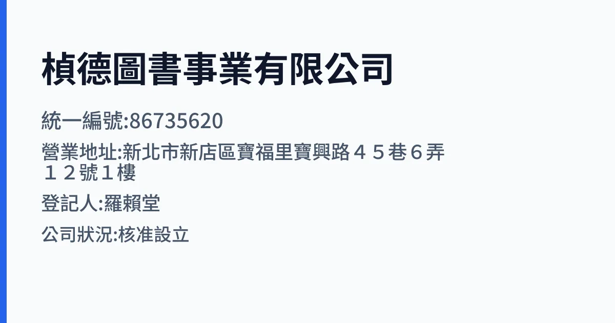 楨德圖書事業有限公司 - 統編 86735620(新北市) 公司登記資料與營業項目詳細圖表