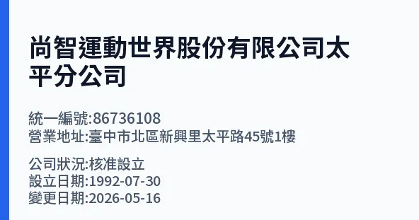 尚智運動世界股份有限公司太平分公司的照片-統編 86736108(臺中市) 公司登記資料與營業項目詳細圖表