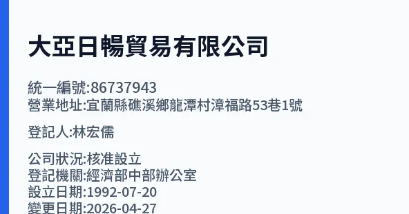 大亞日暢貿易有限公司的照片-統編 86737943(宜蘭縣) 公司登記資料與營業項目詳細圖表