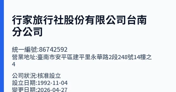 行家旅行社股份有限公司台南分公司的照片-統編 86742592(臺南市) 公司登記資料與營業項目詳細圖表