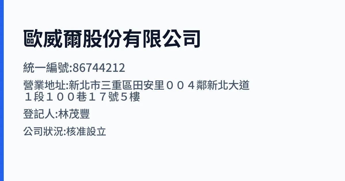 歐威爾股份有限公司 - 統編 86744212(新北市) 公司登記資料與營業項目詳細圖表