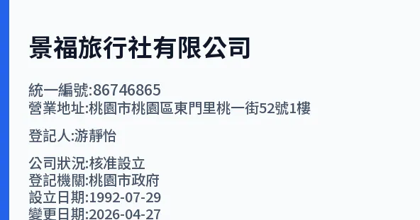 景福旅行社有限公司的照片-統編 86746865(桃園市) 公司登記資料與營業項目詳細圖表