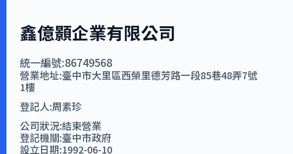 鑫億顥企業有限公司的照片-統編 86749568(臺中市) 公司登記資料與營業項目詳細圖表