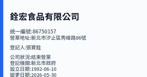 銓宏食品有限公司的照片-統編 86750157(新北市) 公司登記資料與營業項目詳細圖表