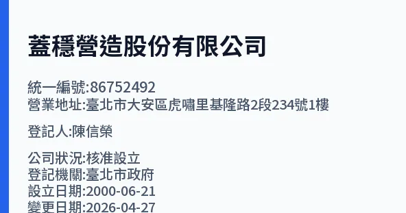 蓋穩營造股份有限公司的照片-統編 86752492(臺北市) 公司登記資料與營業項目詳細圖表