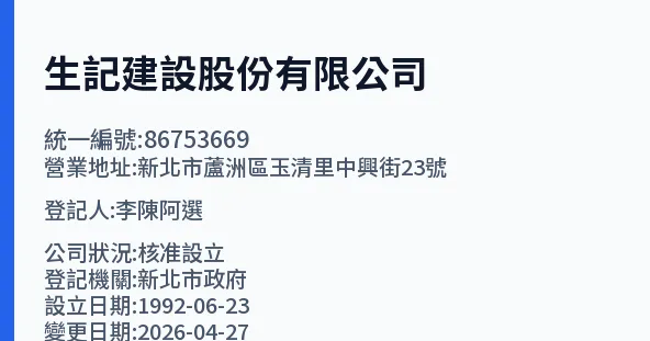 生記建設股份有限公司的照片-統編 86753669(新北市) 公司登記資料與營業項目詳細圖表