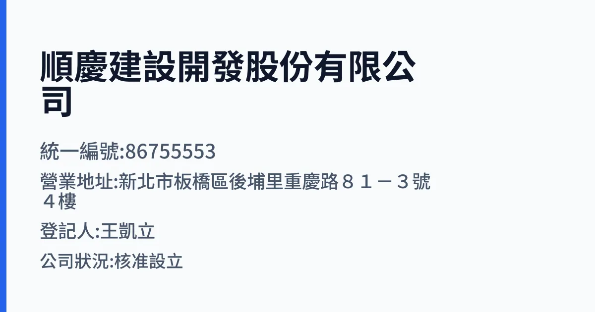 順慶建設開發股份有限公司 - 統編 86755553(新北市) 公司登記資料與營業項目詳細圖表