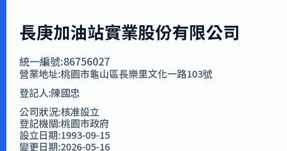 長庚加油站實業股份有限公司的照片-統編 86756027(桃園市) 公司登記資料與營業項目詳細圖表