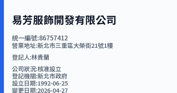 易芳服飾開發有限公司的照片-統編 86757412(新北市) 公司登記資料與營業項目詳細圖表