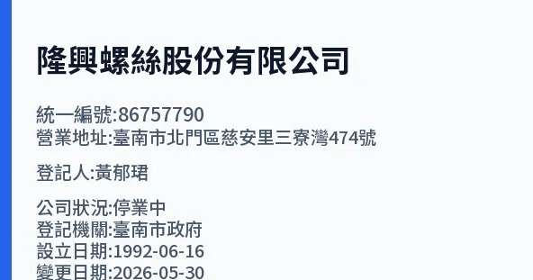 隆興螺絲股份有限公司的照片-統編 86757790(臺南市) 公司登記資料與營業項目詳細圖表