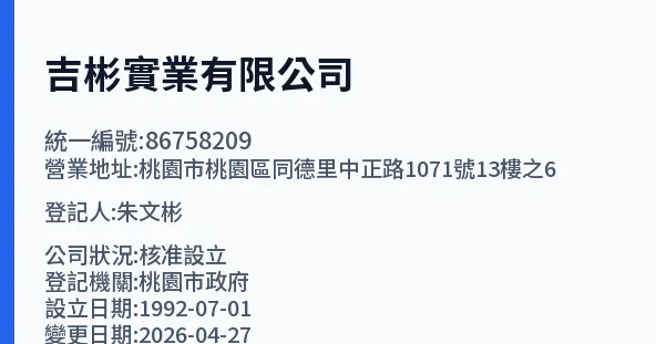 吉彬實業有限公司的照片-統編 86758209(桃園市) 公司登記資料與營業項目詳細圖表