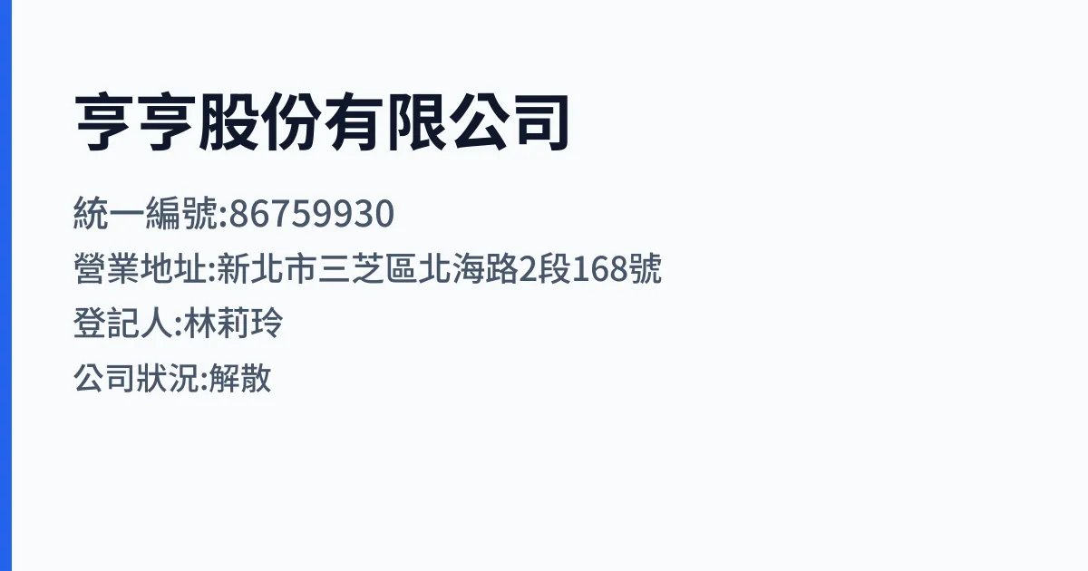 亨亨股份有限公司 - 統編 86759930(新北市) 公司登記資料與營業項目詳細圖表