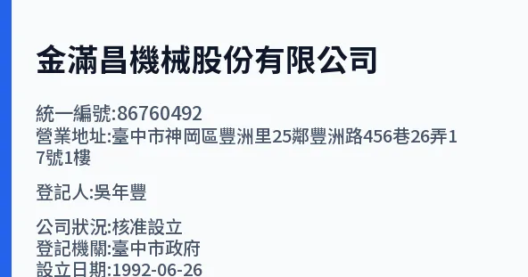 金滿昌機械股份有限公司的照片-統編 86760492(臺中市) 公司登記資料與營業項目詳細圖表