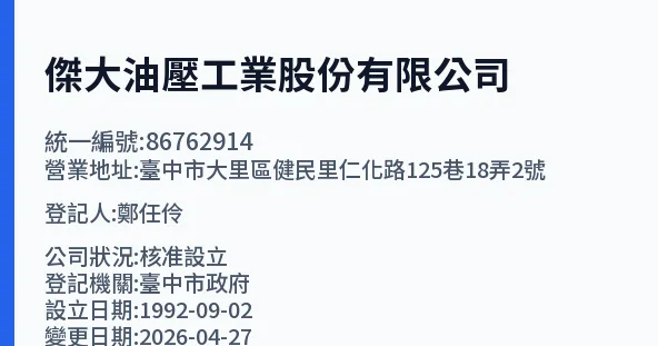 傑大油壓工業股份有限公司的照片-統編 86762914(臺中市) 公司登記資料與營業項目詳細圖表