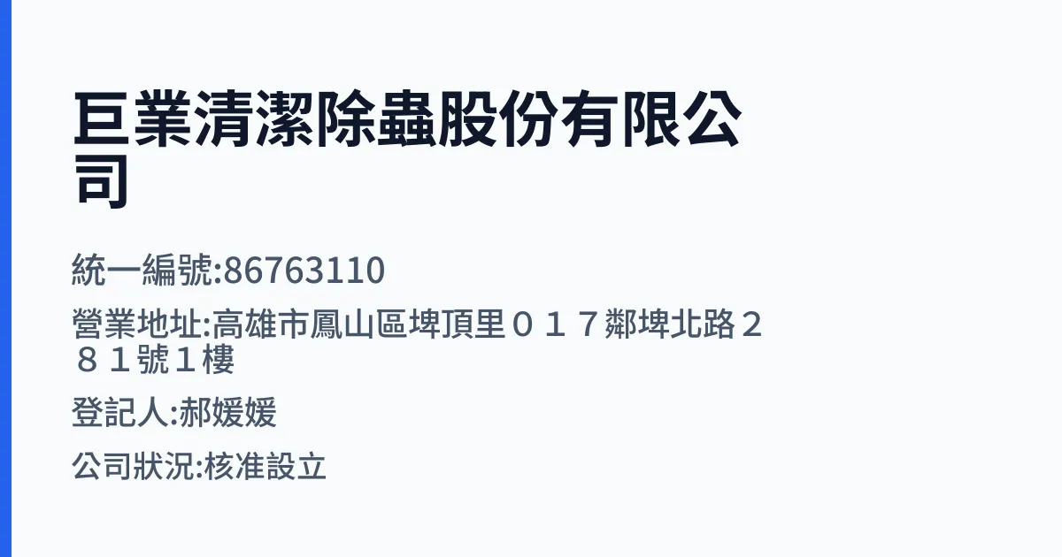 巨業清潔除蟲股份有限公司 - 統編 86763110(高雄市) 公司登記資料與營業項目詳細圖表