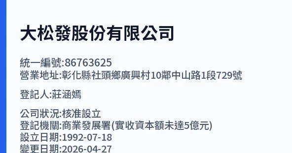 大松發股份有限公司的照片-統編 86763625(彰化縣) 公司登記資料與營業項目詳細圖表